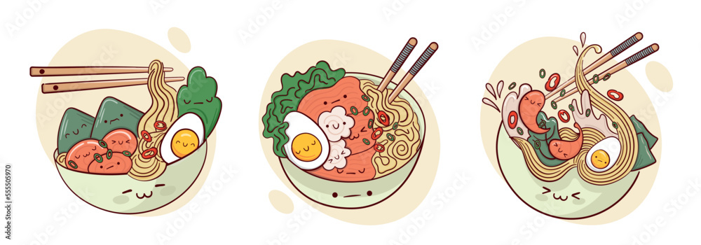 Draw funny kawaii ramen soup in a bowl vector illustration. Japanese ...