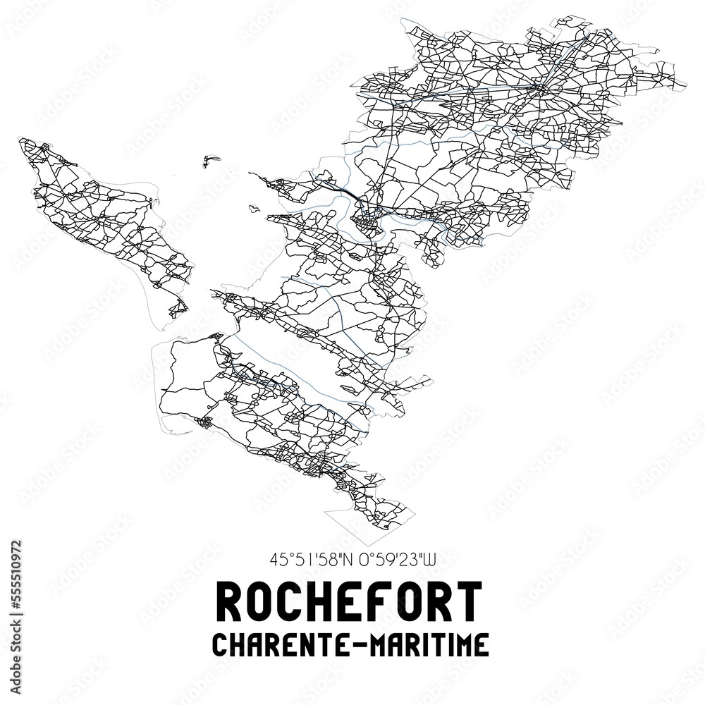 Black and white map of Rochefort, Charente-Maritime, France ...