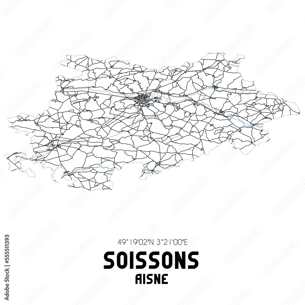 Black and white map of Soissons, Aisne, France. Stock Illustration ...