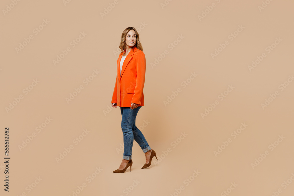 Full body side view happy young employee business woman corporate ...