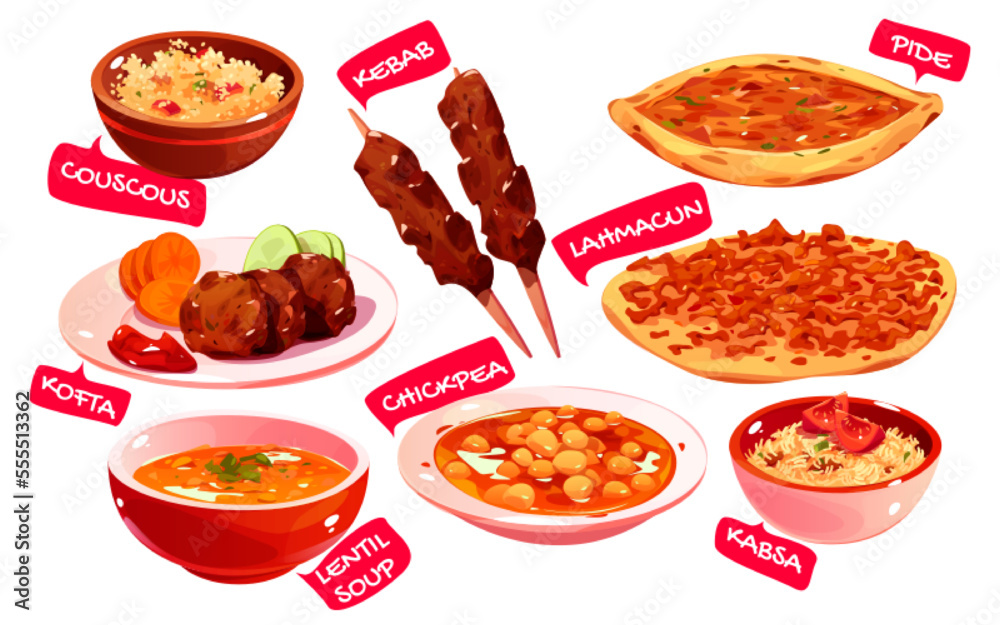Turkish cuisine traditional food. Lahmacun, Kebab and Kofta or Turkish ...