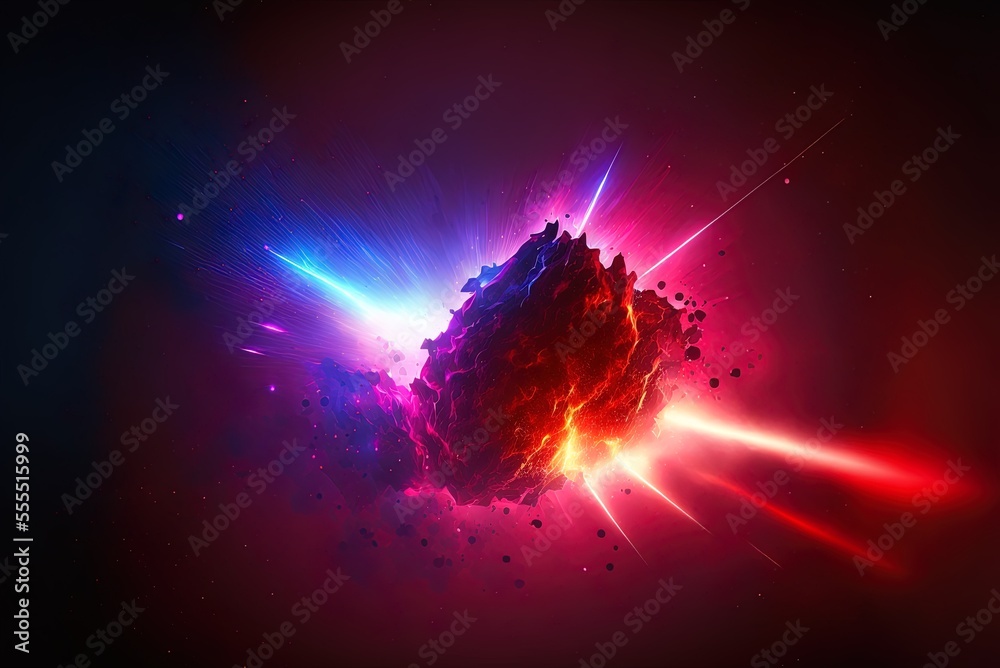 Comet exploding on an abstract backdrop. Smoky, flaming, laser-beam ...