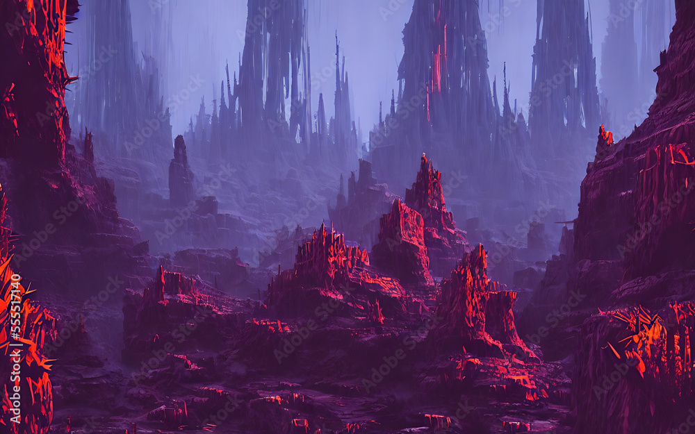 Poster, Foto Ilustración de interior de cueva rojizo de aspecto ...