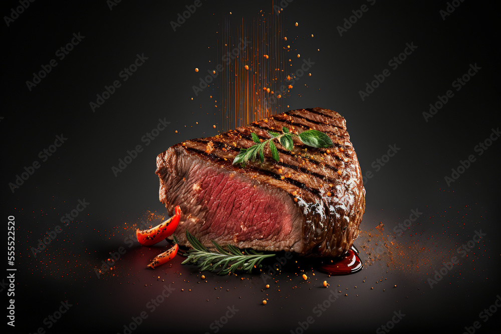 Yummy spicy grilled chicken on a table in a dark black background with ...