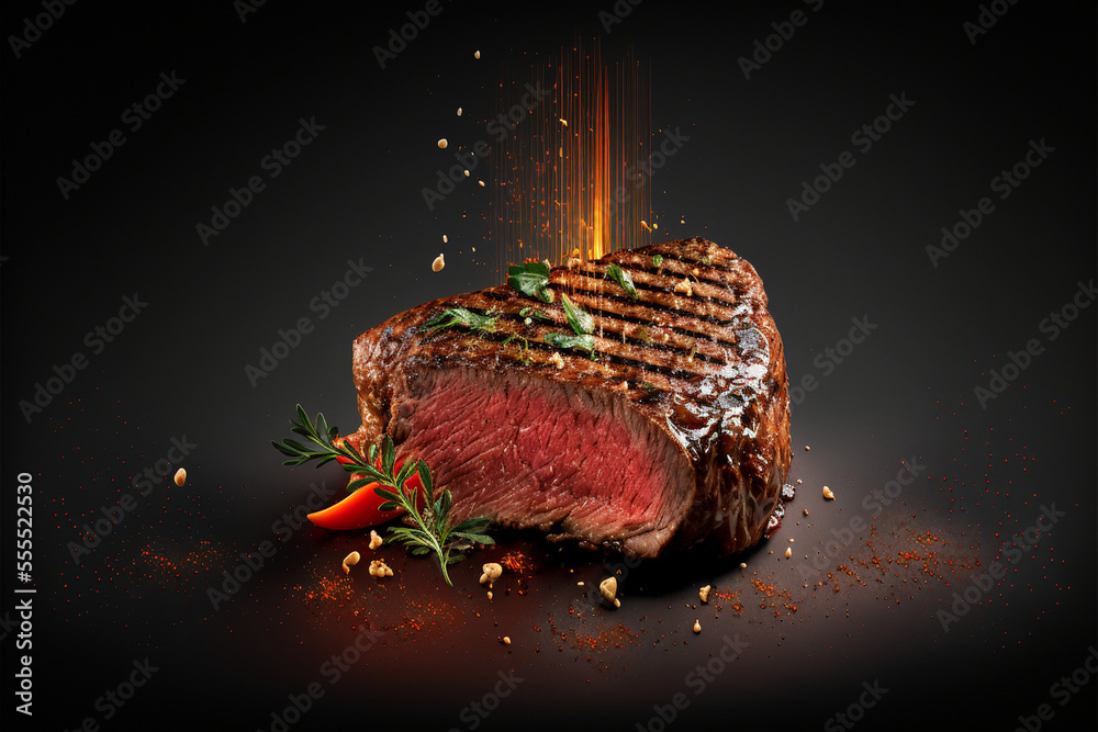 Yummy spicy grilled chicken on a table in a dark black background with ...