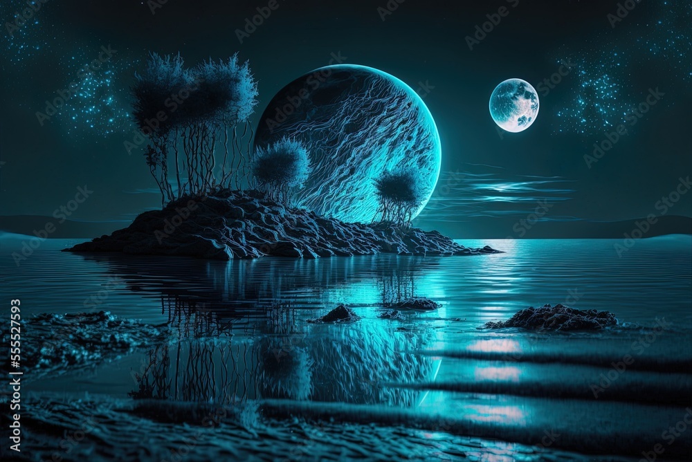 Moonlight and a futuristic nightscape. Scene from nature at night, with ...