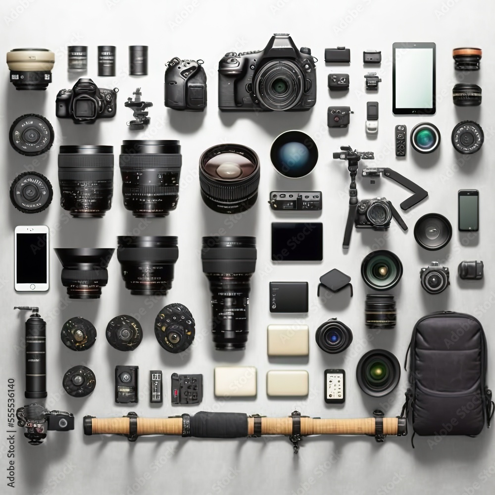 knolling flat-lay picture of professional photographer gear on white ...