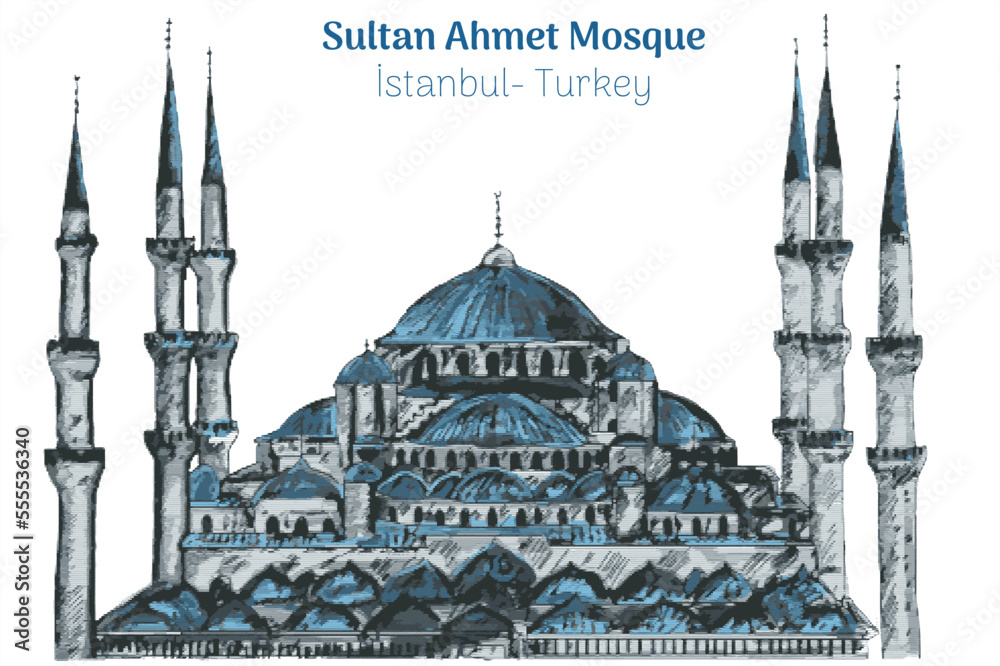 Sultanahmet camii Blue Mosque Hand drawing mosque watercolor vector ...