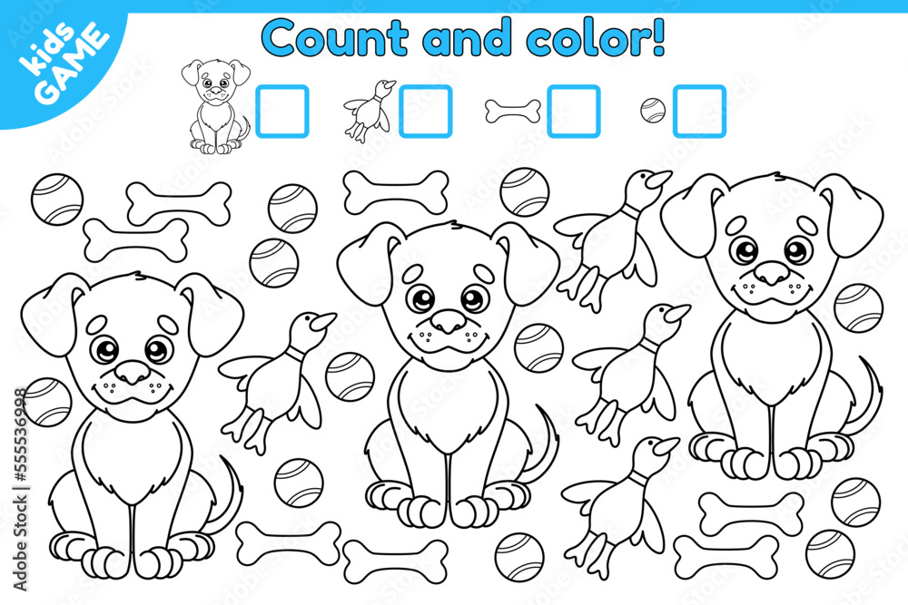 Educational math game for kids. Count how many dogs and dog toys and ...