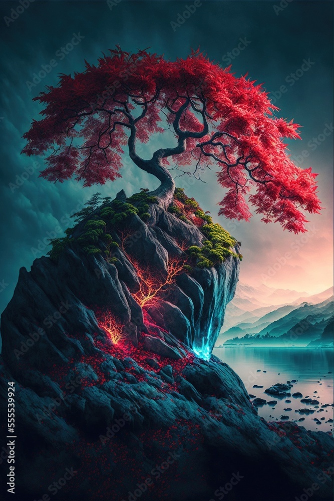Gorgeous red maple tree next to a cliff illustration made with ...