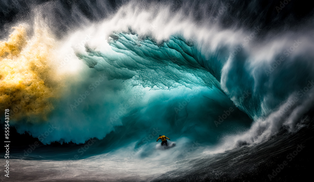 A man, a surfer in front of a giant wave. The concept of the power of ...