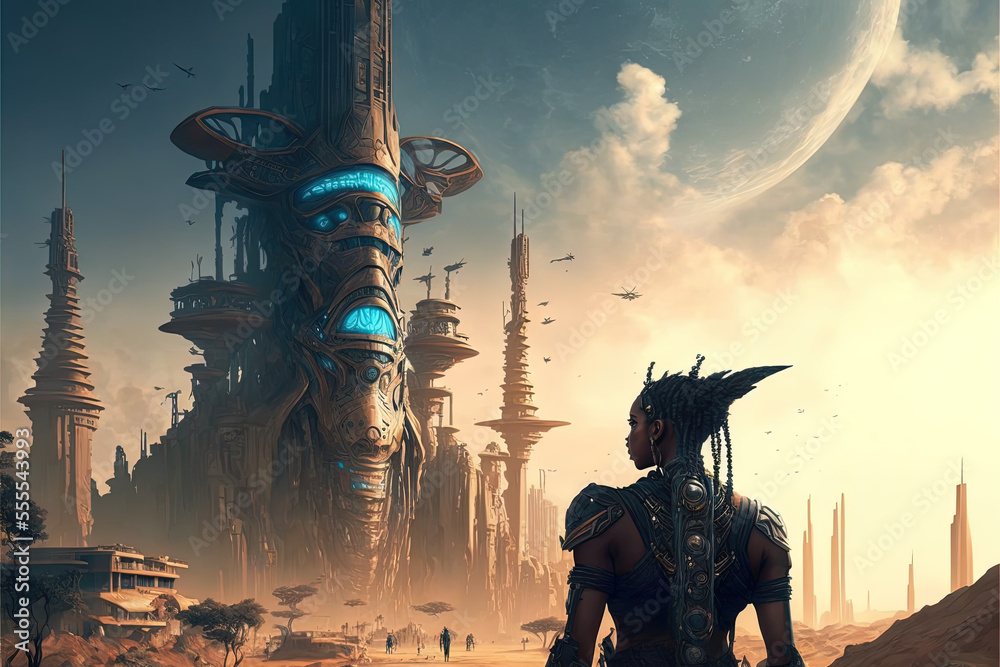 Woman stands looking into the horizon of an Afro futuristic city with ...