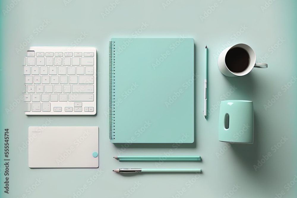 pastel turquoise minimalist office desk table. Laptop, notepad, pencils ...