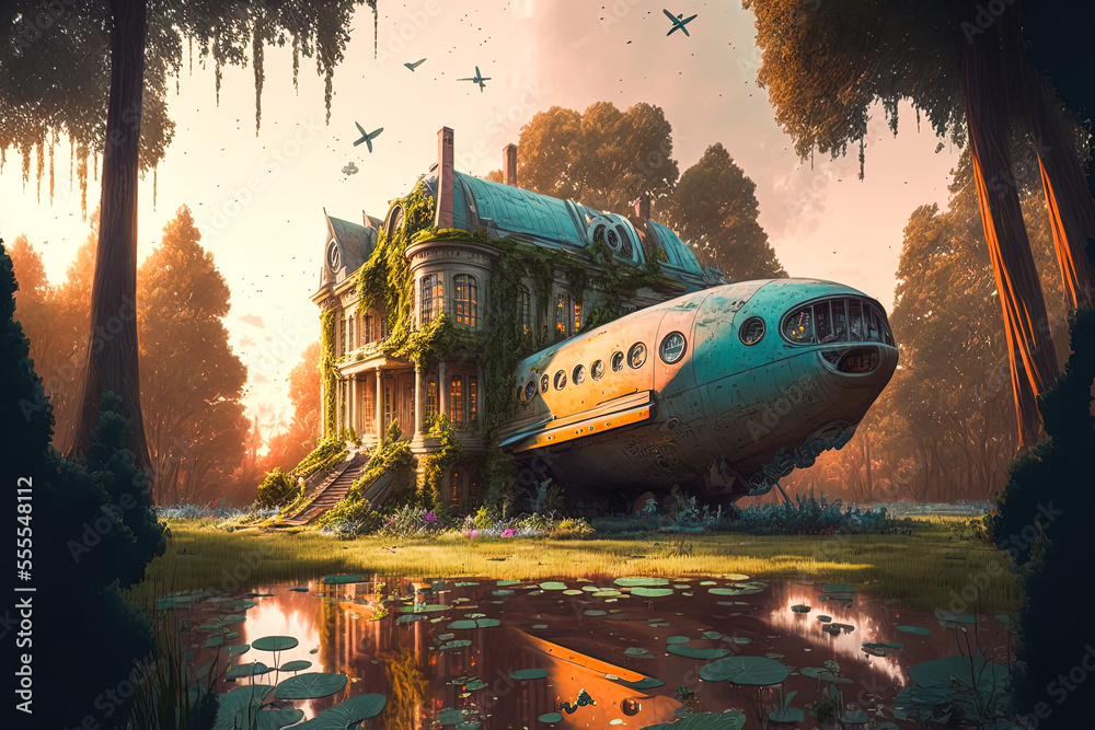 spaceship crashed on the ground in a futuristic dreamscape lush forest ...