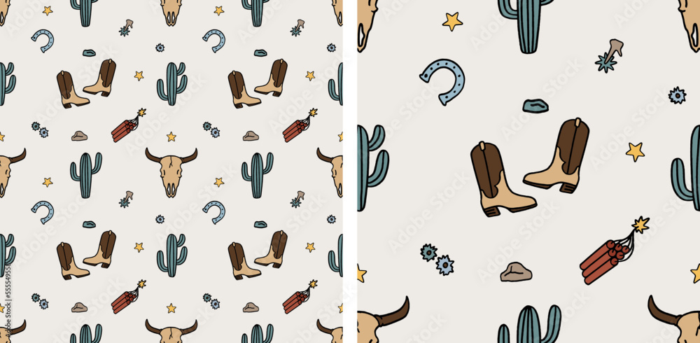 Cowboy Western Boho Nursery Pattern Cactus Cowboy Boots Cute Cartoon ...