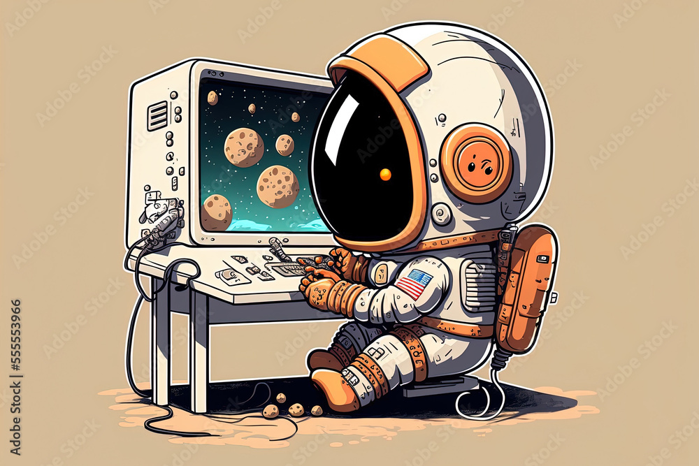 cartoon icon depicting a cute astronaut playing a game on a computer ...