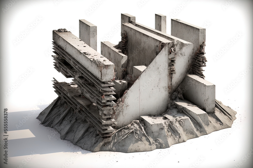 rebar exposed concrete remnants of a demolished structure, isolated on ...