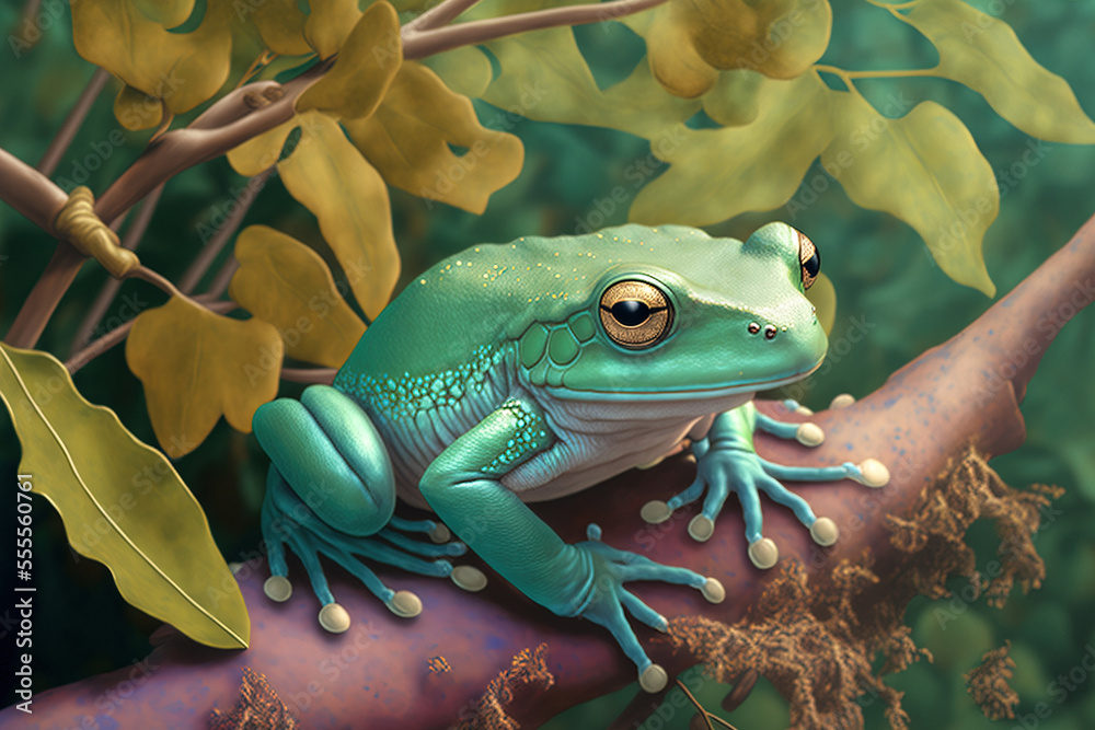 Frog with a hunchback, Litoria caerulea, on some leaves. a frog on a ...