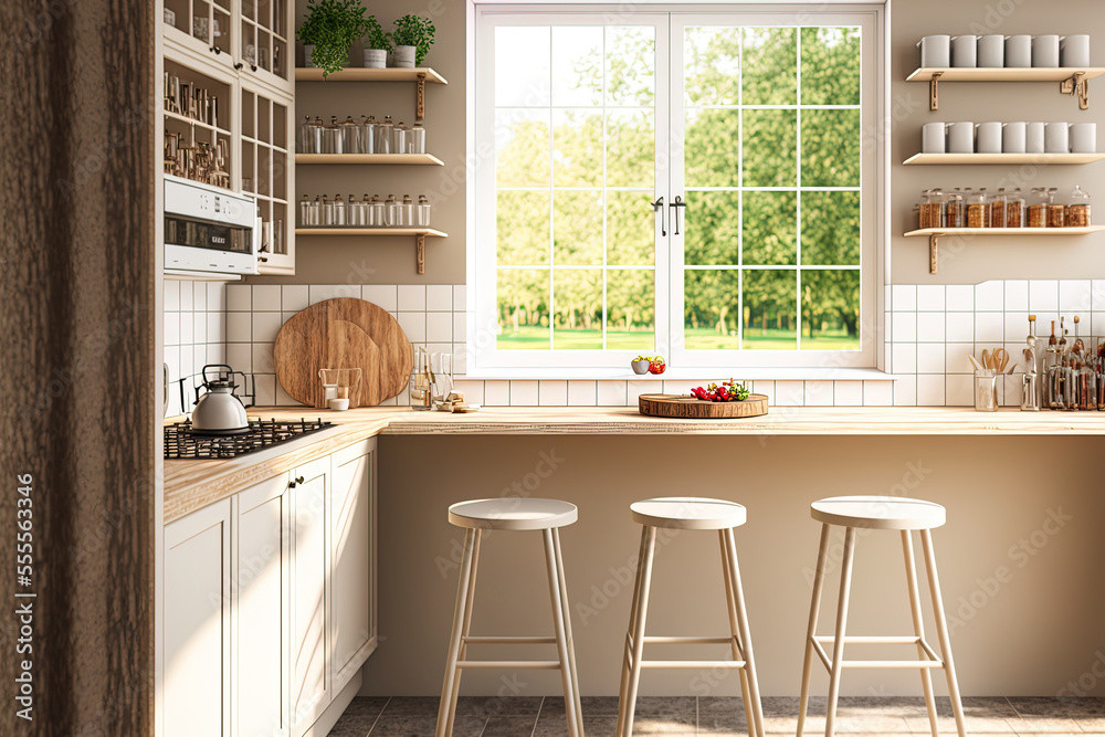 Front view of a beige kitchen area with a table and three bar stools ...