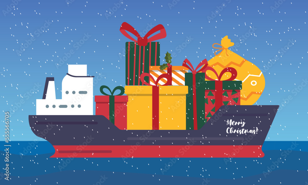 Vetor de Cargo ship with gifts. Symbol of New Year and Christmas, ship carries gift boxes and ...