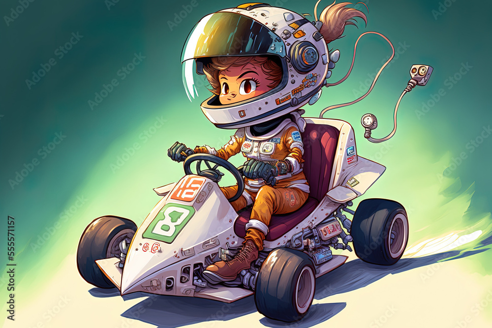 Cartoon artwork of a cute astronaut driving a go kart in science and ...