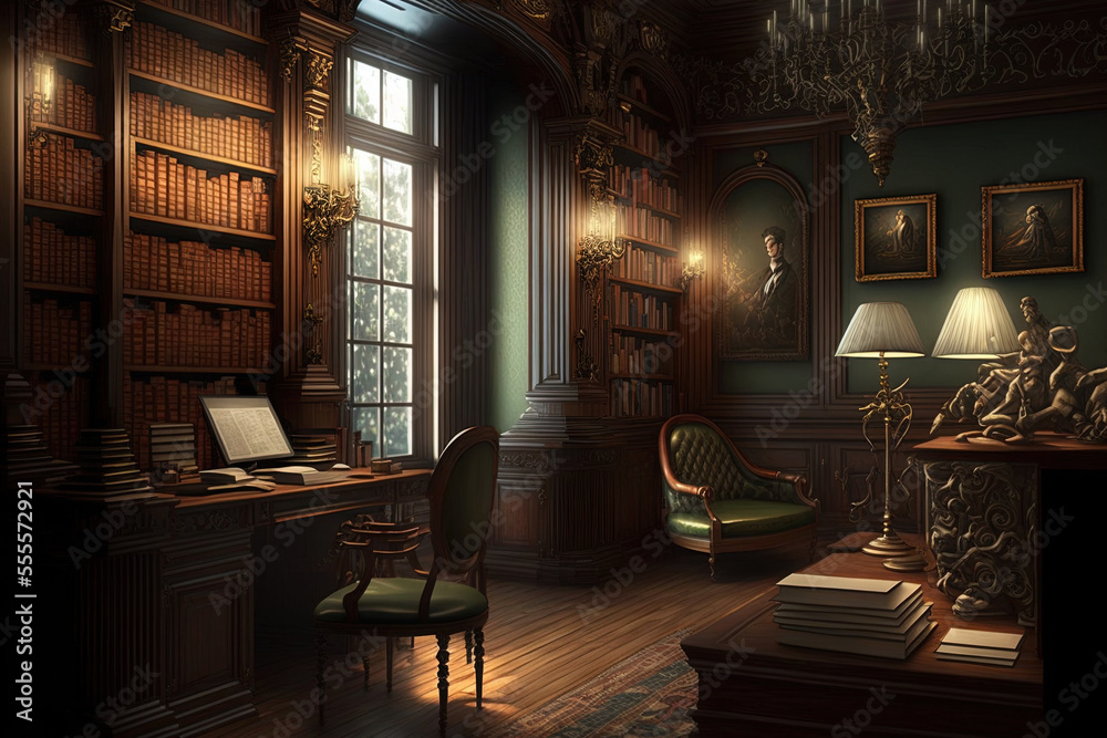 Old, classically styled library room. Generative AI Stock Illustration ...