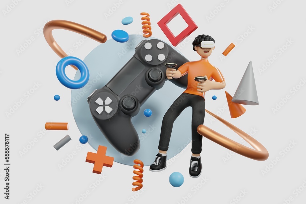 3D cartoon character man wearing virtual reality glasses and floating ...