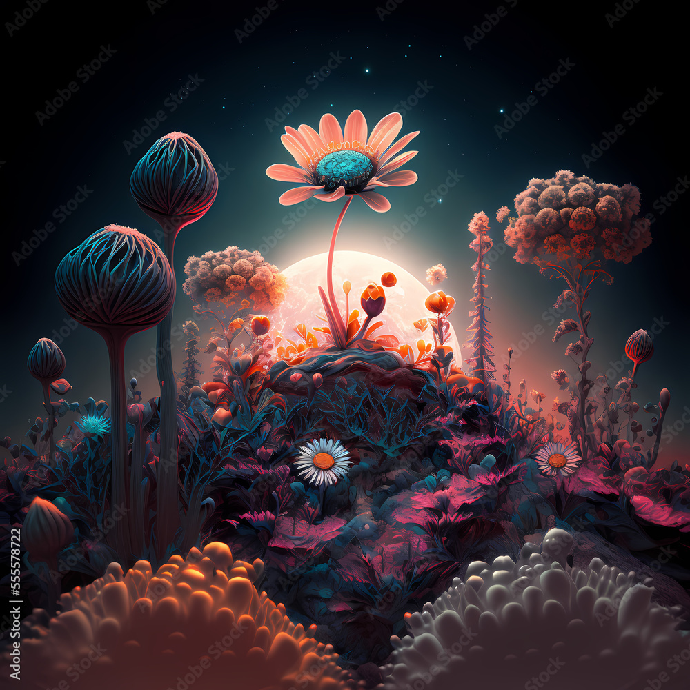 A surreal and dreamlike depiction of a flower garden, rendered in a ...