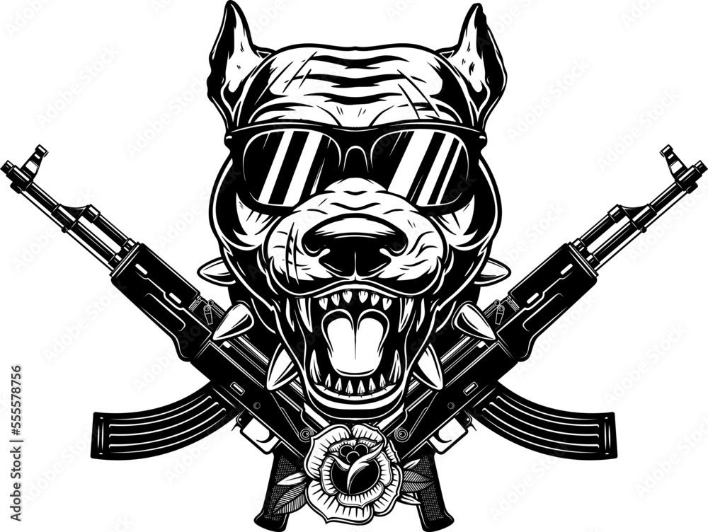 Angry dog head with crossed assault rifles. Design element for poster ...