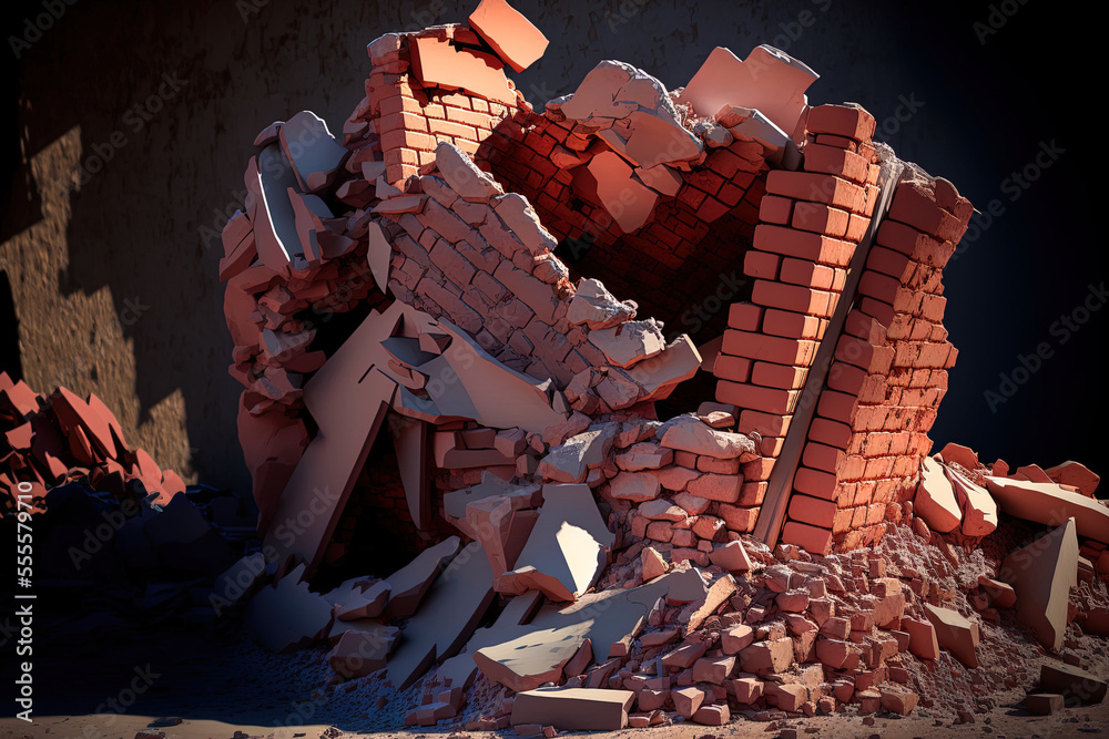 A damaged structure was reduced to a heap of shattered red bricks and ...