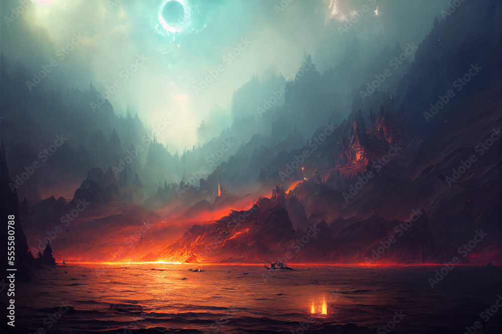 Ominous Fantasy Landscape with an Eclipse over a Tiny Village next to a ...