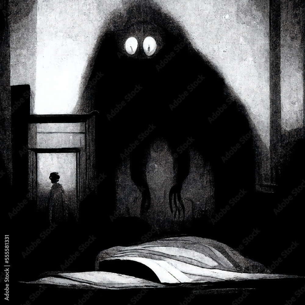 Storybook Drawing of a Spooky Boogeyman Creature Hovering over a Bed ...