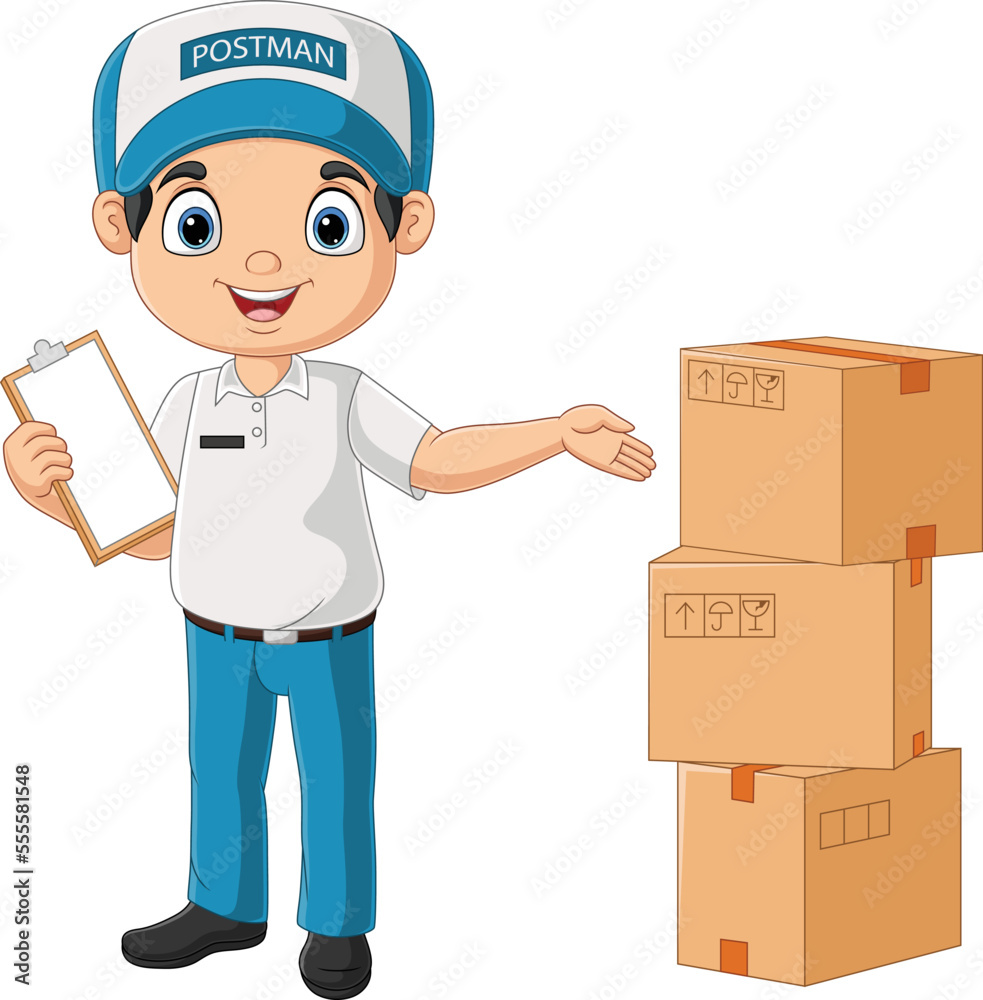 Cartoon postman with cardboard boxes and clipboard Stock Vector | Adobe ...