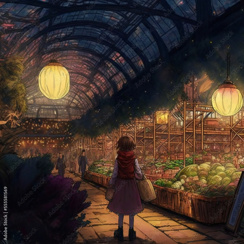 Girl Walking in a Night Market in a Huge Solarpunk Greenhouse. [Digital ...