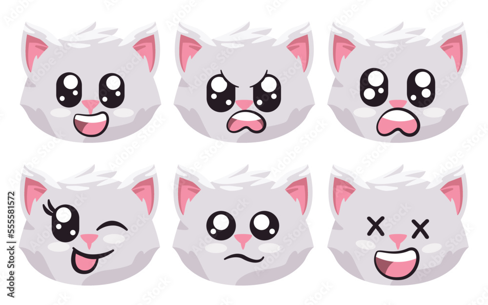 Cat kitten facial expression emoticon with eyes and mouth collection ...