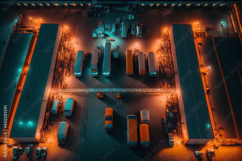 Aerial image of a warehouse with merchandise at night. View of a ...