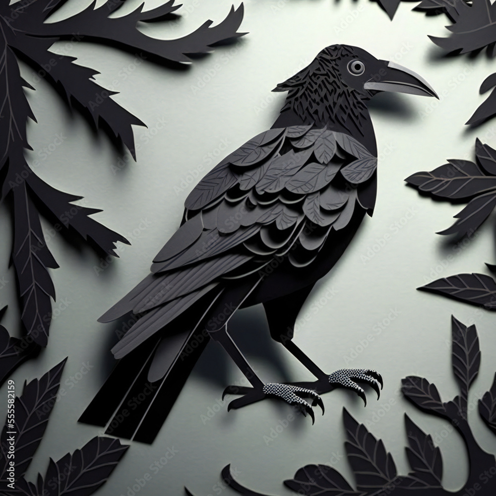 An Ornamental Crow in Silhouette Surrounded by Leaves and Branches ...