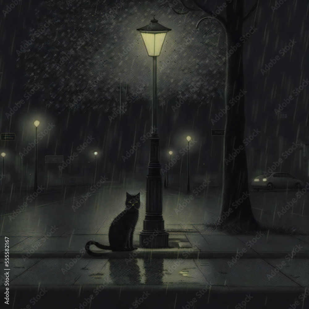 Black Cat Under a Street Lamp in the Pouring Rain. [Digital Art ...