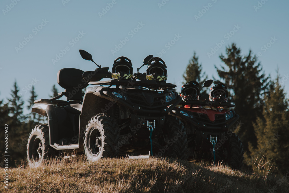 Beautiful nature landscape with ATV awd quadbike motorcycle and ...