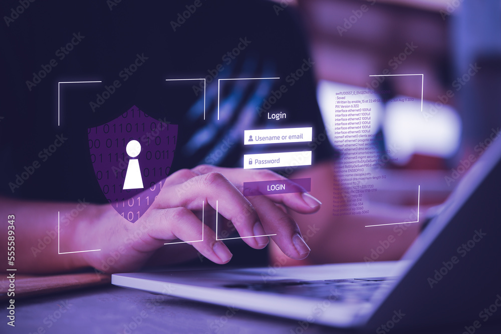 user typing login and password, cyber security concept, user privacy security and encryption ...