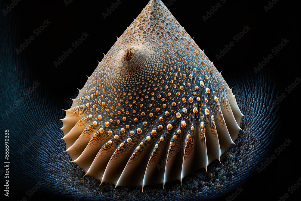Underwater creatures and sea shells are seen in this image of a pointed ...
