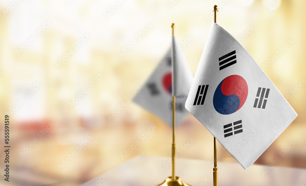 Small flags of the South Korean on an abstract blurry background Stock ...