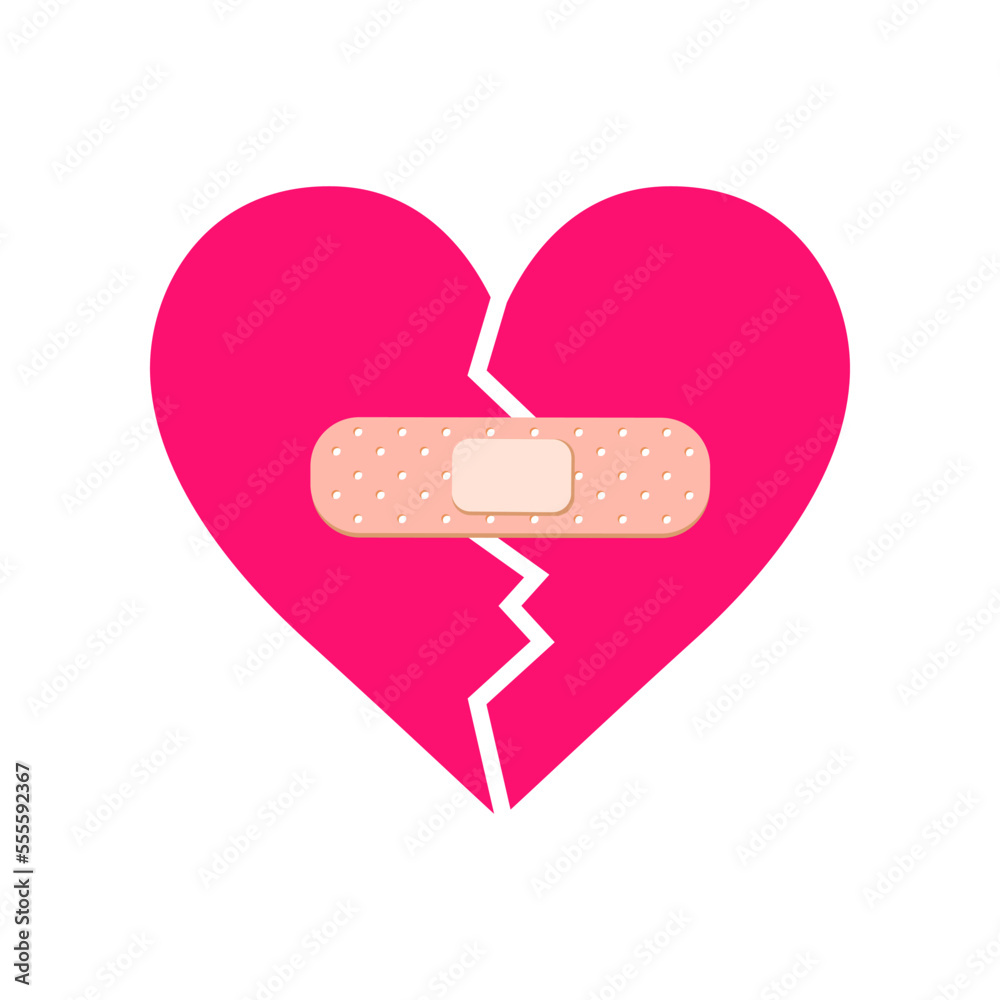 Cracked pink comic heart with band aid flat vector illustration ...