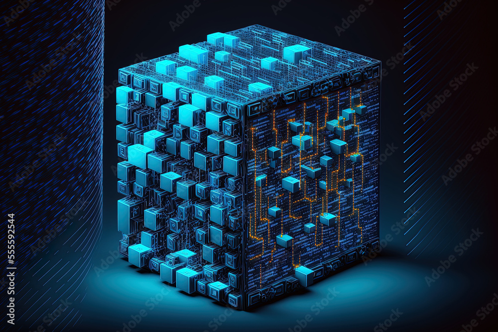 Blockchain is shown as a chain of data blocks, starting with the first ...