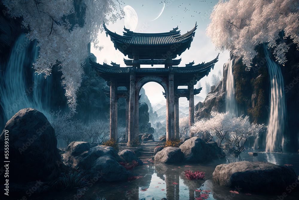 Fantasy Village, ancient chinese Architecture, steps, Riverside ...