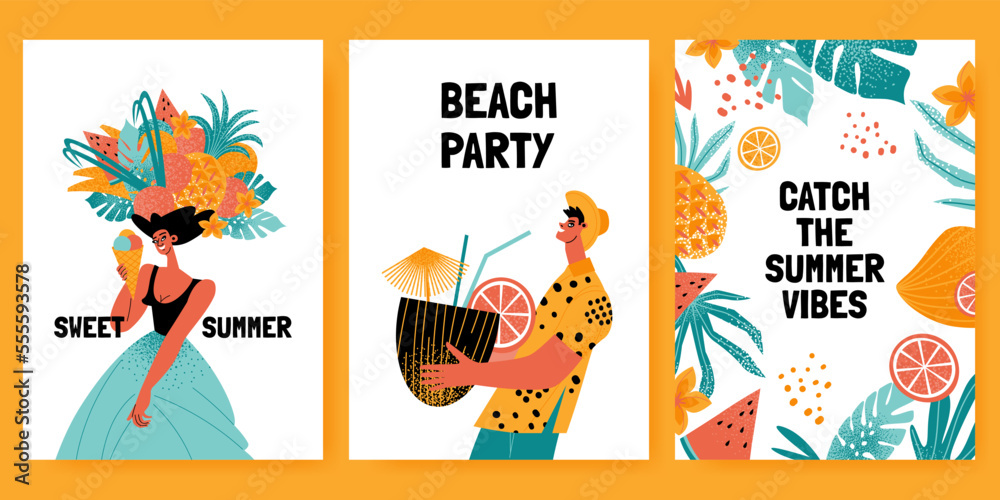 Beach party vector card or flyer template set. Catch the summer vibe ...