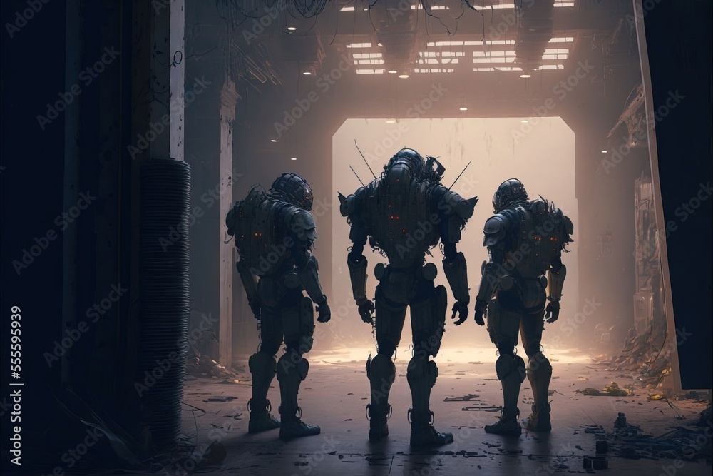 4K resolution or higher, an exploration squad of androids in an ...