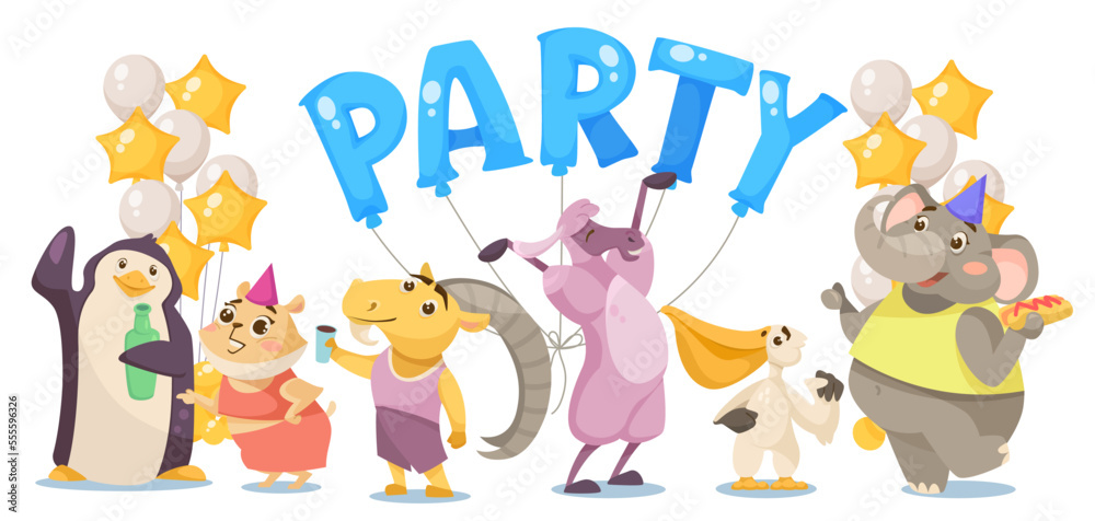Happy wild animal characters at party vector illustration. Cartoon ...