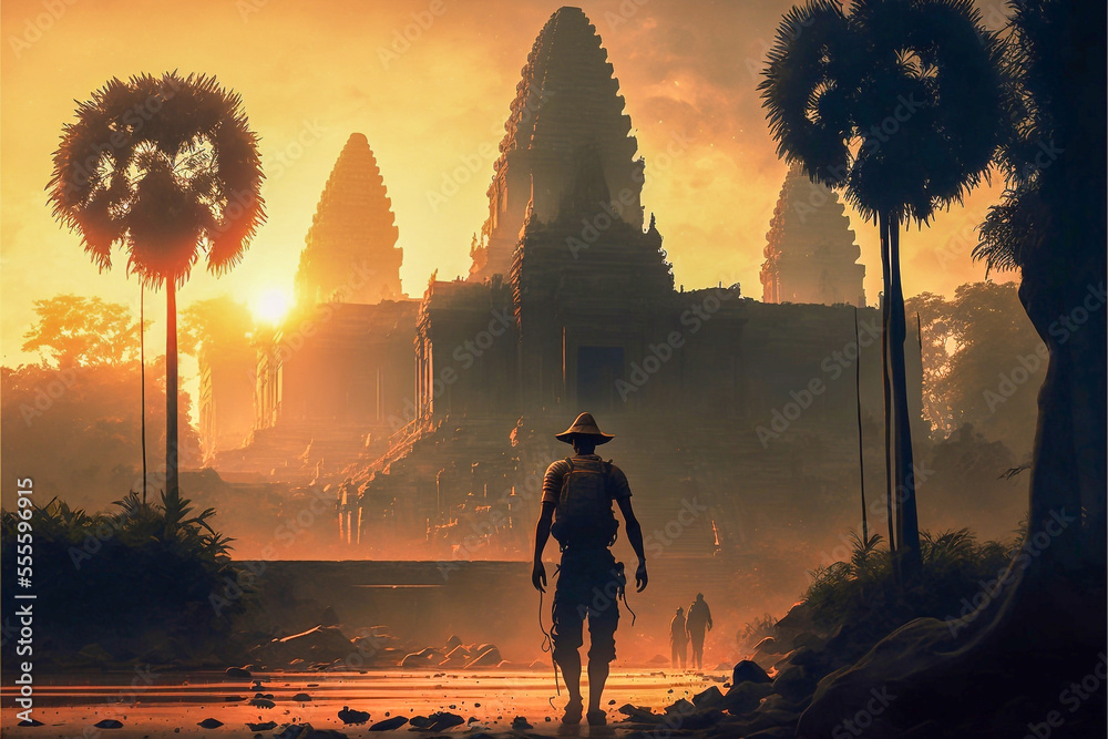 Angkor Wat during its heyday , sunset time, 8k , beautiful lightCG ...