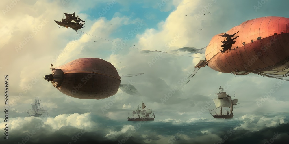 beautiful illustration of pirate airship flying in sky landscape ...